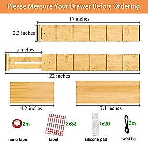 horganize Bamboo Drawer Dividers with Inserts, 8 Pack Kitchen Drawer Dividers Adjustable (17-22 inches) for Clothes, Dresser, Bathroom, Office