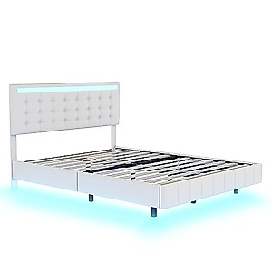 Linique Queen Size Wooden Floating Bed Frame with LED Lights and USB Charging,Modern PU Upholstered Platform LED Bed Frame with Headboard,White