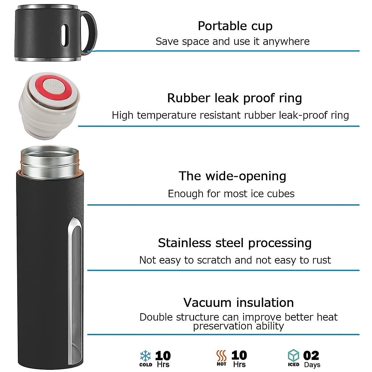 Coffee Thermos Stainless Steel Vacuum-Insulated Water Bottle, 500ml/16.9oz Insulated Bottle with Cup for Hot & Cold Drink Travel Mug (Black, Three Cup)