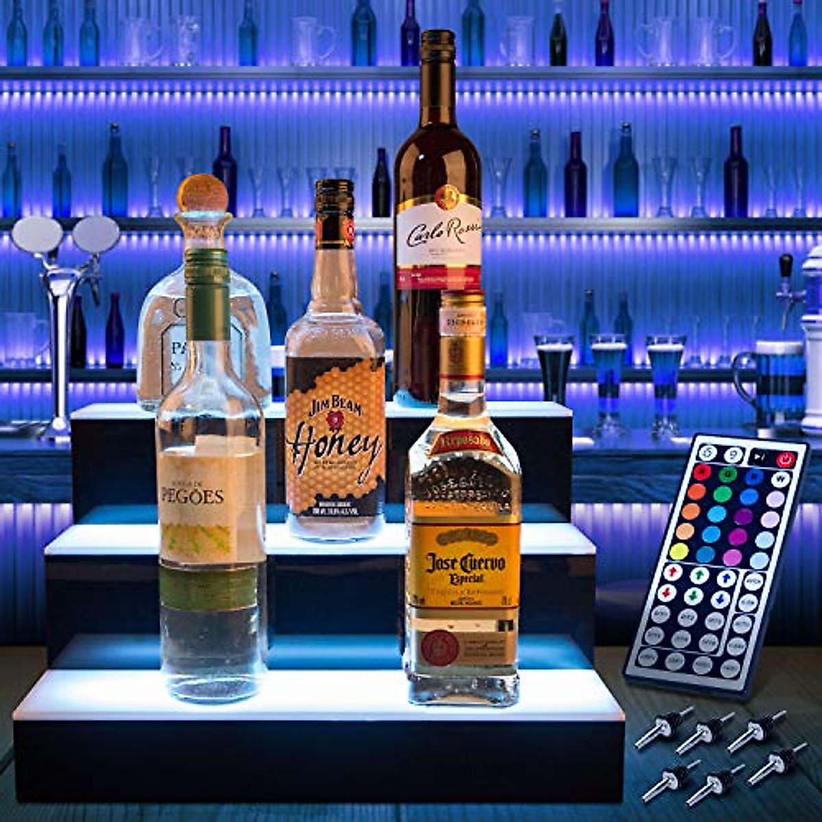 Savvy Life Selects LED Liquor Shelf– 3 Tier Bar Bottle Display – Colorful Light Bar Shelf – LED Colors & Light Effects – Lighted Liquor Shelves with Plug – Remote Control and Spouts Included