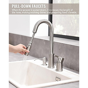 3 Hole Kitchen Faucet, Single Handle Stainless Steel Kitchen Faucets with Pull Down Sprayer, 2 Hole Widespread Kitchen Sink Faucet with Soap Dispenser, Brushed Nickel KMF025L