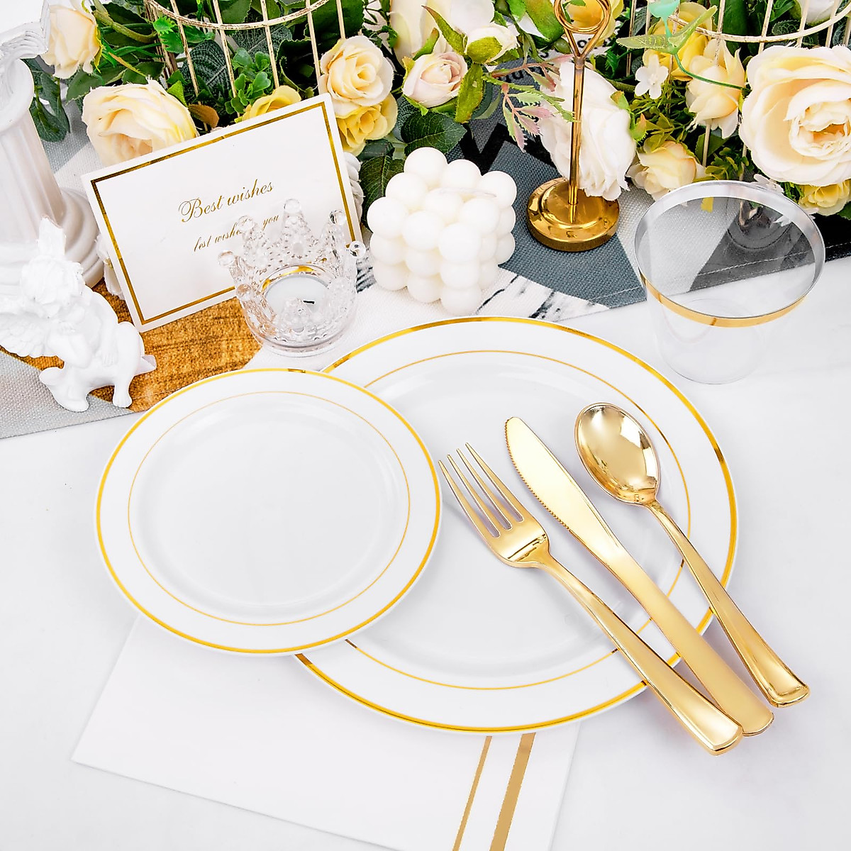 GATHER 350pcs Gold Plastic Plates - Disposable Plastic Dinnerware Set Include 50 Gold Dinner Plates, 50 Gold Salad Plates, 150 Silverware, 50 Napkins, 50 Cups Perfect for Party & Wedding