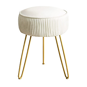 LUE BONA Pleated Vanity Stool, Velvet Upholstered Vanity Stool for Makeup Room, Round Mondern Stool for Vanity, Ottoman Footrest Stool with Metal Legs for Living Room, Bedroom, Beige