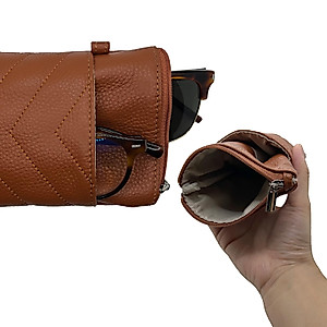 Double Eyeglasses Pouch with Zipper Closure,Soft Genuine Leather Sunglass Organizer Pouch,Portable Eyeglasses Case