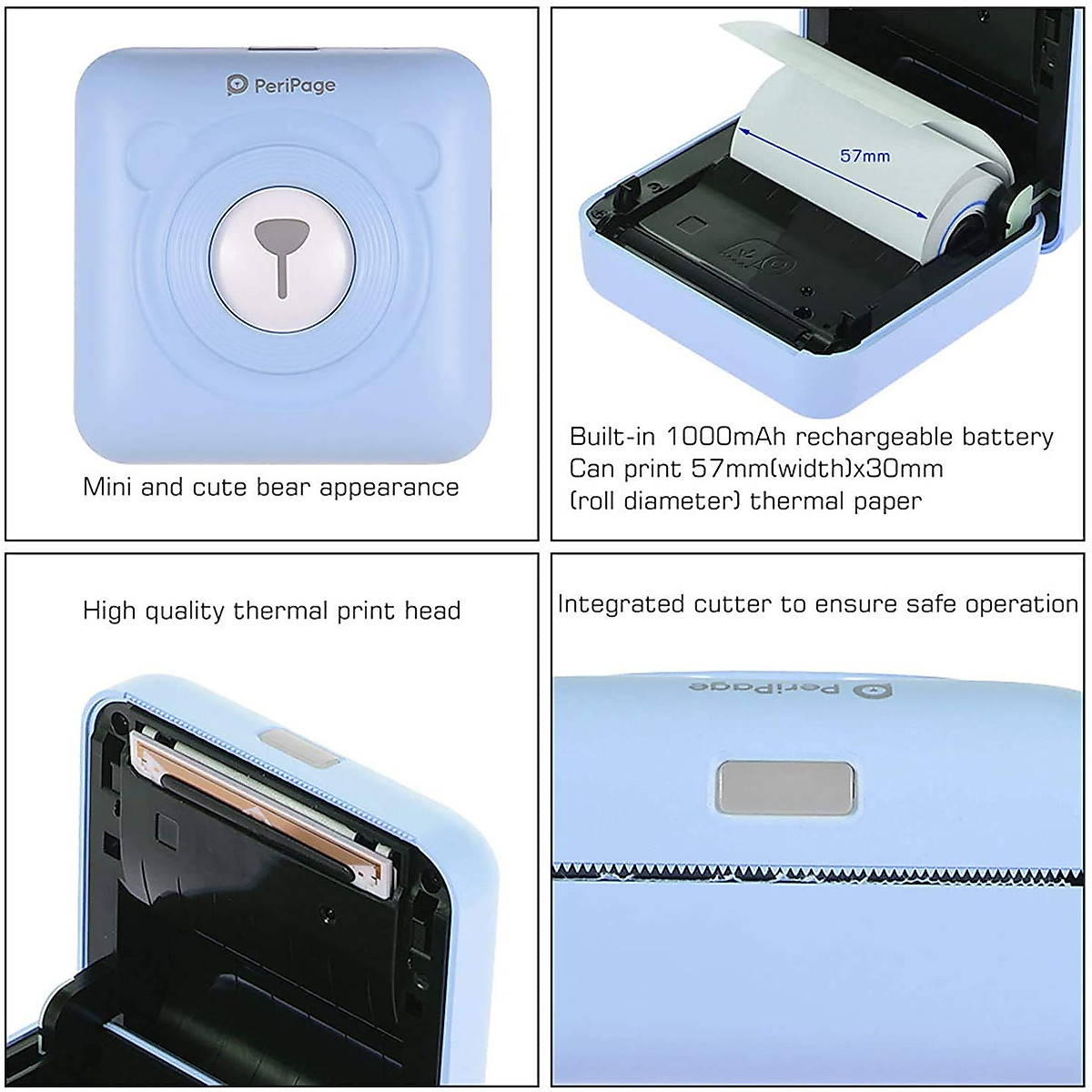 PeriPage Mini Printer, Portable Sticker Bluetooth Printer for Printing Student Notes, Journal, Memo, Mobile Printer, Pocket Printer, Received Printer with USB Cable, Supports Android iOS Windows-Blue