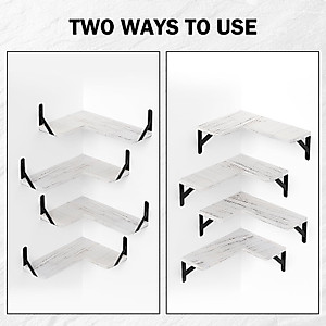 Muzilife Corner Floating Shelves Wooden Floating Shelve Set of 4, Wall Mounted for Storage, L-Shaped Shelves for Wall Decor Wall Organizer for Bedroom, Bathroom, Kitchen, Living Room and Office, White