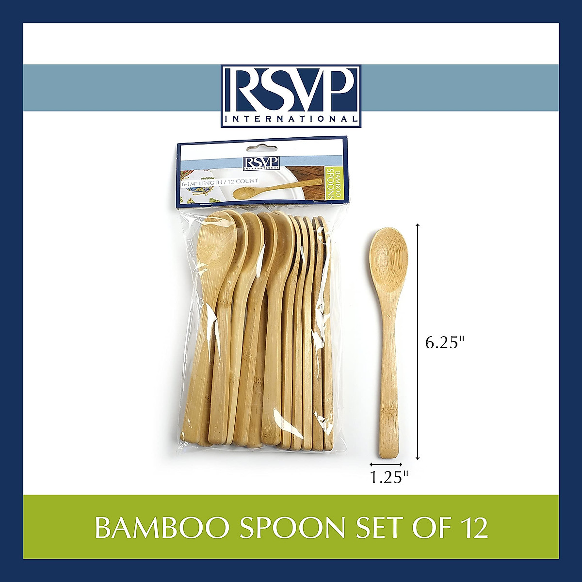 RSVP International Bamboo Kitchen Collection Reusable and Biodegradable, Spoon Set, 12 Piece