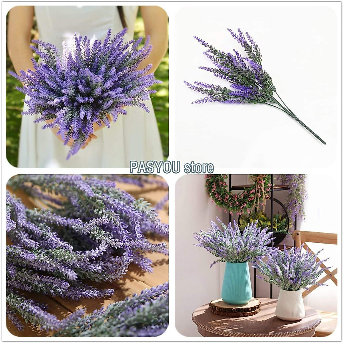 PASYOU 6Pcs Artificial Lavender, Plastic Flowers Plants Faux Simulation Wedding Indoor Outdoor Bridal Bouquet Home Garden Office Kitchen Bathroom Balcony Wedding Arrangement Decoration Purple