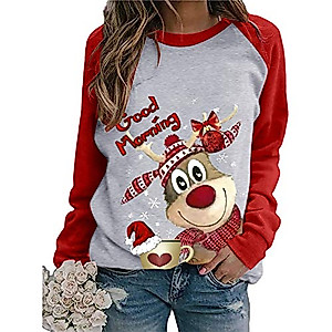Christmas Shirts for Women Ugly Sweaters Good Morning Letters Cute Deer Printing Blouses Long Sleeve Crewneck Warm Tops Gray