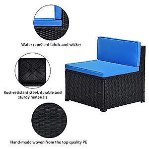 JIVOIT 5-Piece Outdoor Patio Furniture Set, Rattan PE Wicker Corner Sofa Set, Sectional Sofa Set with 1 Corner Sofa, 2 Sofa Chairs, 1 Ottoman and 1 Glass Coffee Table (Black Wicker+ Blue Cushion 003)