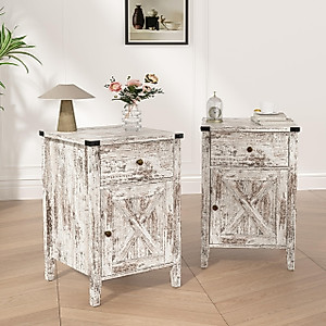 Betterhood Barnwood Rustic Farmhouse Nightstand Set of 2, Side Table with Barn Door and Drawers, Weathered Oak Style End Table for Bedroom, Grey Wash White (no Charging Station, 2)