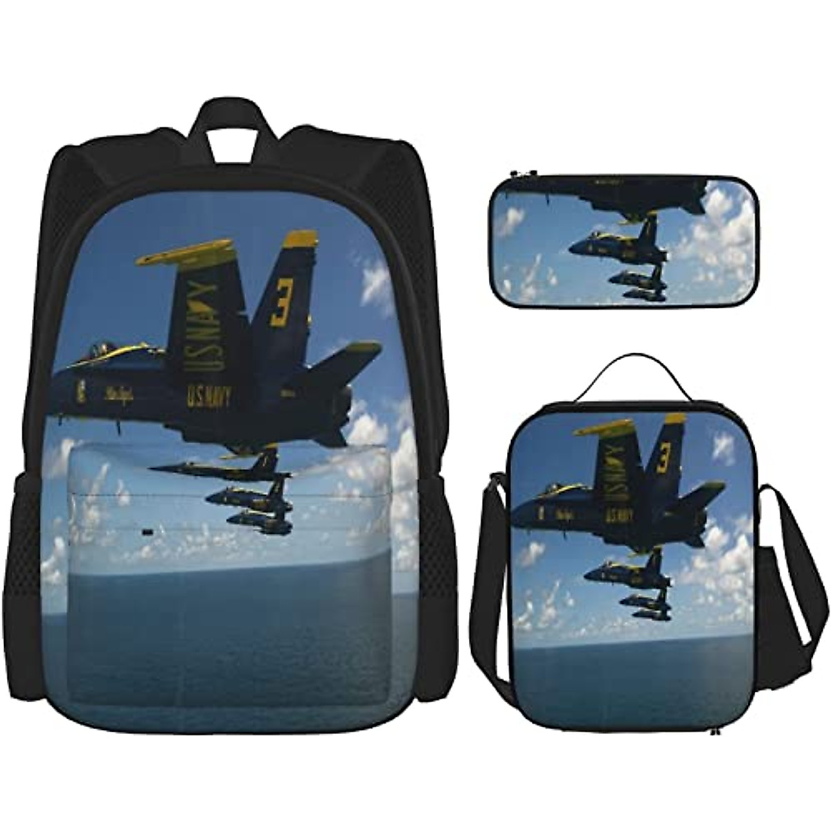 3 Piece Set Backpacks Blue Angels Airplane Aircraft Backpack 3 Piece Set for Boys and Girls Cute Axolotl Fish backpack(School Bag + Pencil Case + Lunchbag Set)
