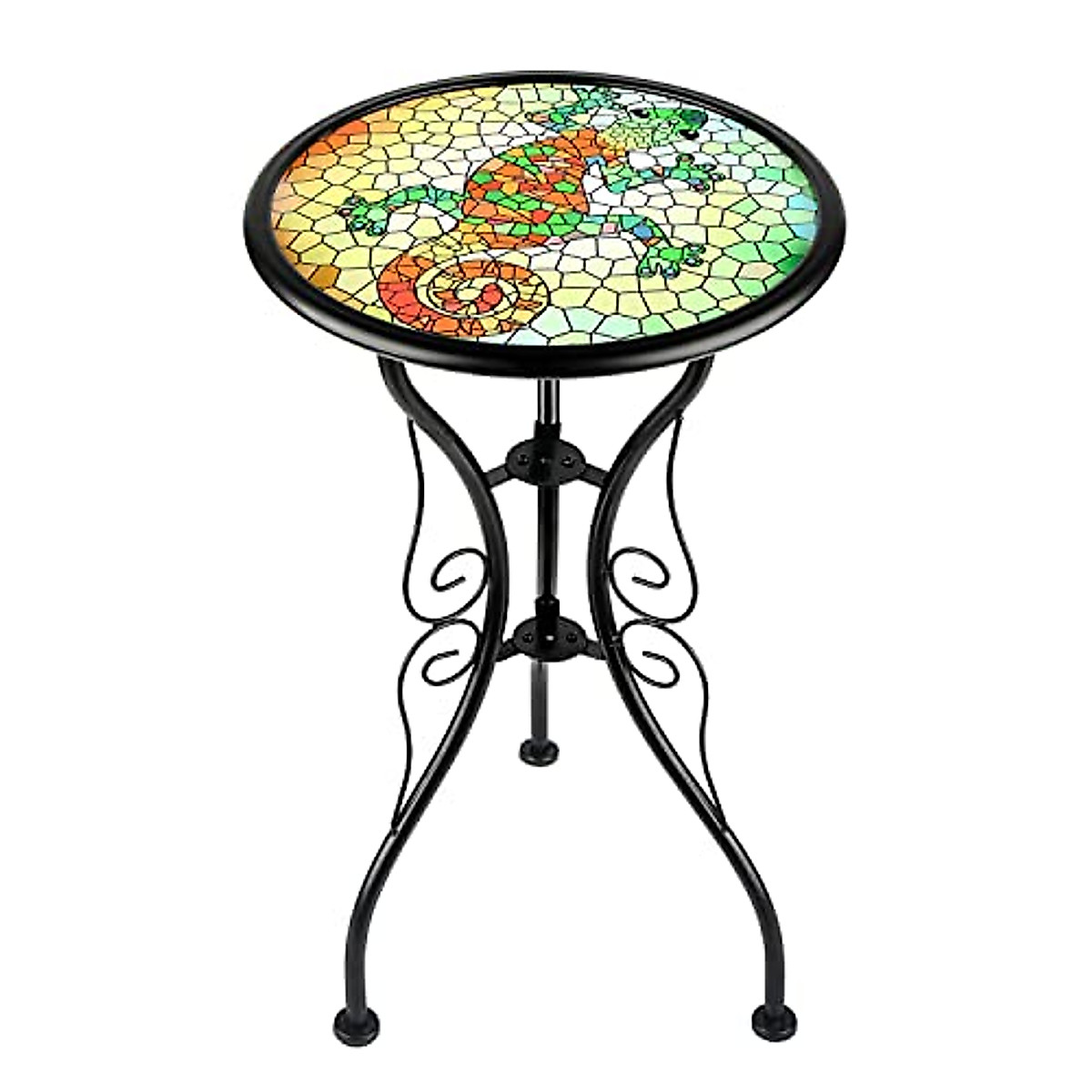 YardsBee Gecko Outdoor Side Table,Mosaic Patio Side Table,12 Inch Accent Round Side Table,Plant Table with Tile Top,Samll Metal Glass End Table for Garden Porch Patio Home