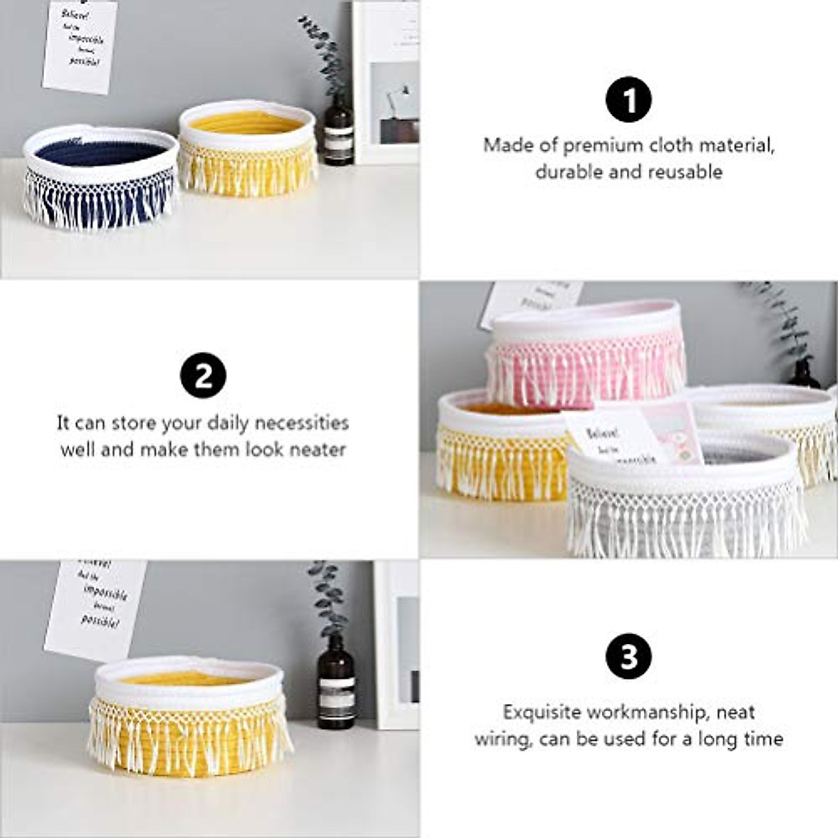 Cabilock Desk Topper Sundries Woven Storage Basket Decorative Tassel Storage Bins Basket Foldable Kid Organizer Makeup Books Storage Basket (Yellow) Macrame Decor