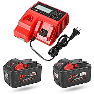 18V 9.0 Ah Battery and Charger Combo Kit for Milwaukee M-18,Replace for Milwaukee Red Lithium XC Batteries(2)+ 18V Battery Charger 48-59-1812