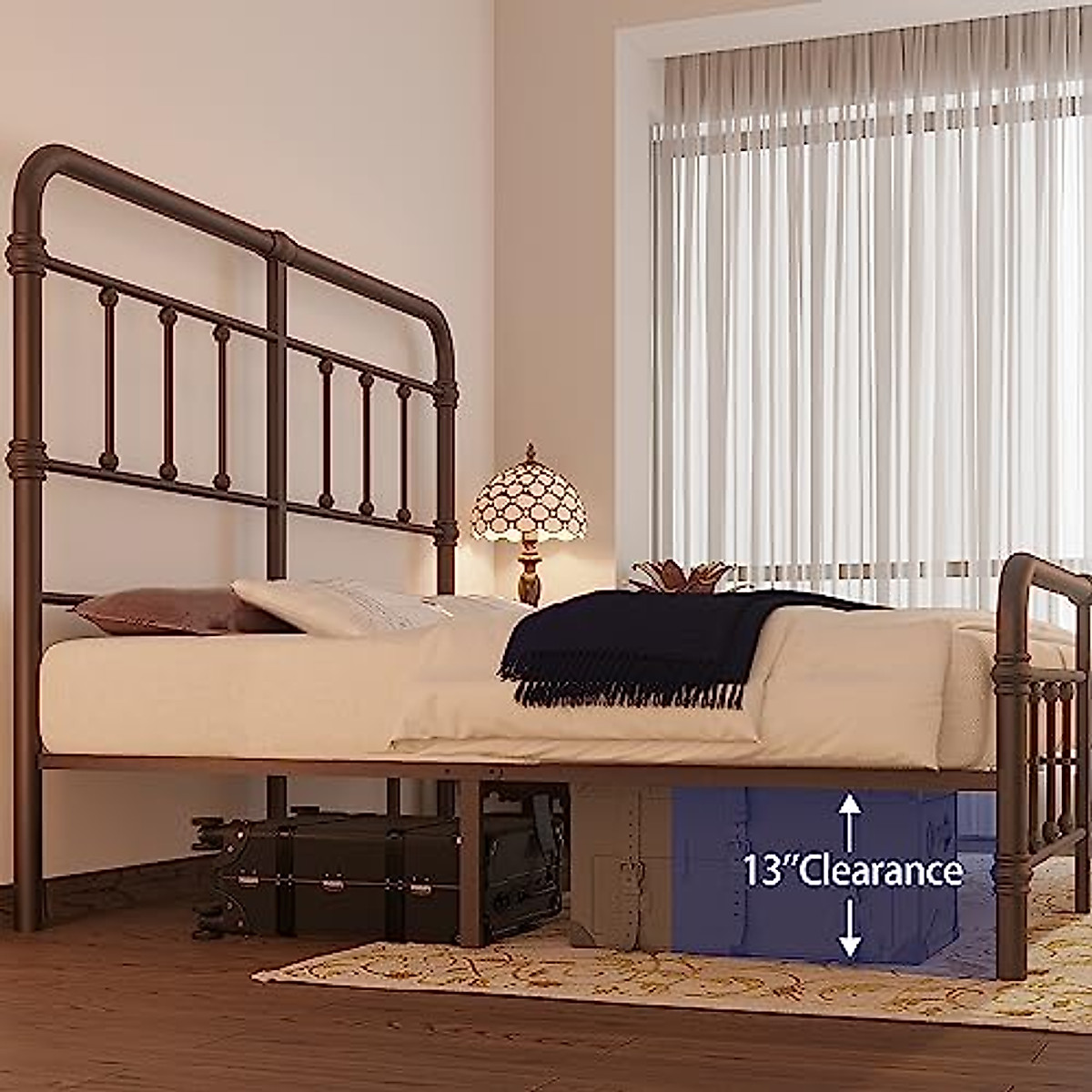 Macbimony Cal-King-Bed-Frame with headboard Giselle-Vintage Antique-Metal - Iron Platform Mattress Foundation,49 inch High,No Box Spring Needed(Brown)