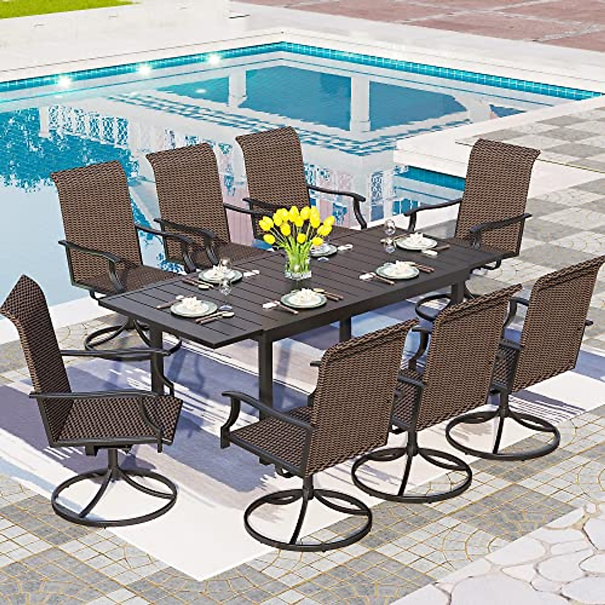 PHI VILLA Outdoor 9 Pieces Wicker Furniture Dining Set Patio Expandable Dining Table Set of 9 Rattan Swivel Dining Chairs for Outdoor Garden Bistro(9 Pieces)