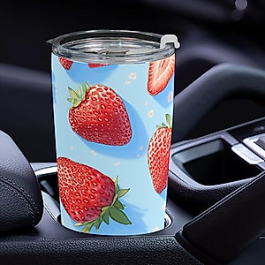 QWEUIOP 20oz Insulated Travel Coffee Mug Fruits Strawberry Pattern Stainless Steel Tumbler with Lid Double Wall Vacuum Coffee Cup For Hot and Cold Drinks14578