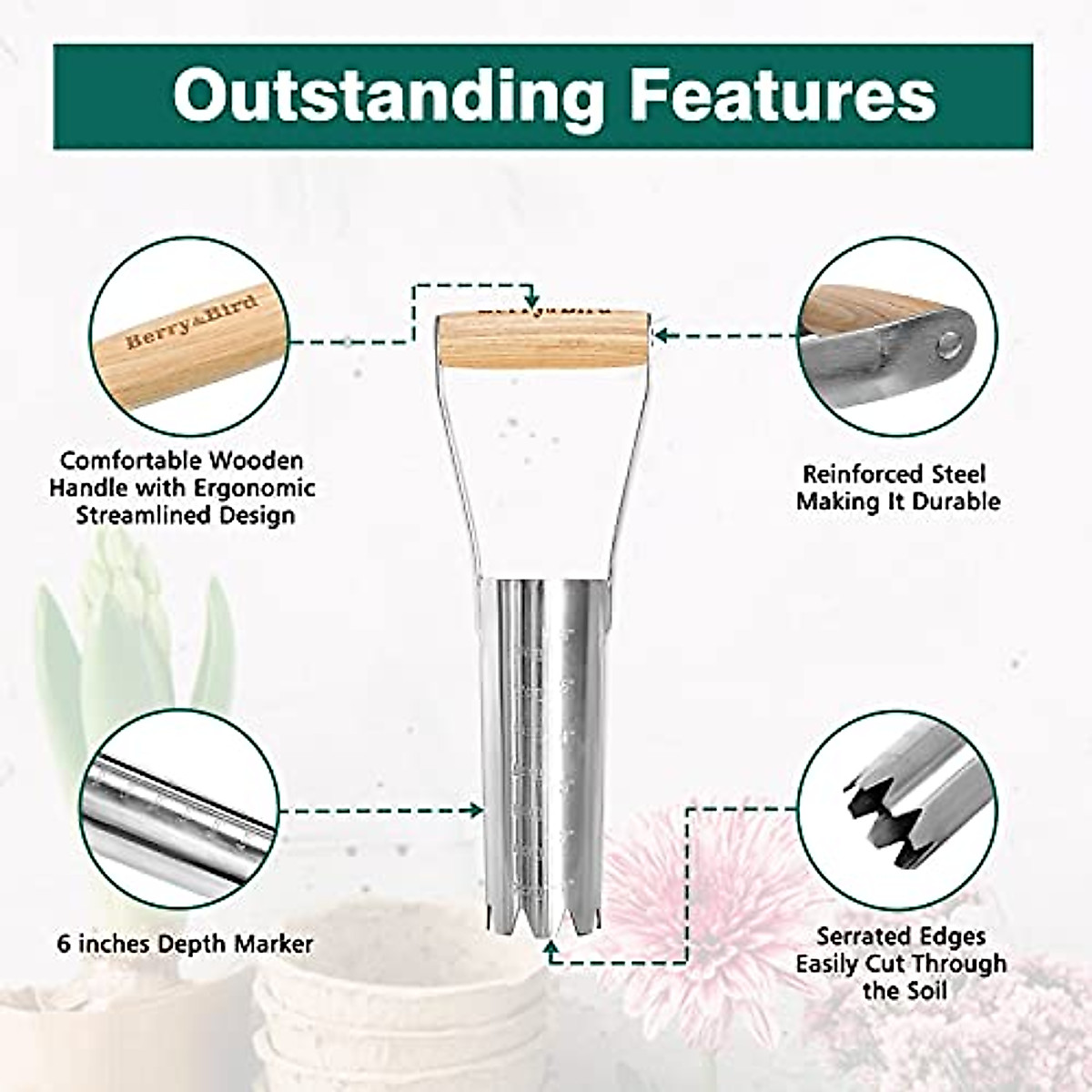 Berry&Bird Garden Bulb Planter with 6 inches Depth Mark, Garden Bulb Transplanter Tool with Woode Handle, Stainless Steel Soil Release Tool for Transplanting Digging Planting Flowers