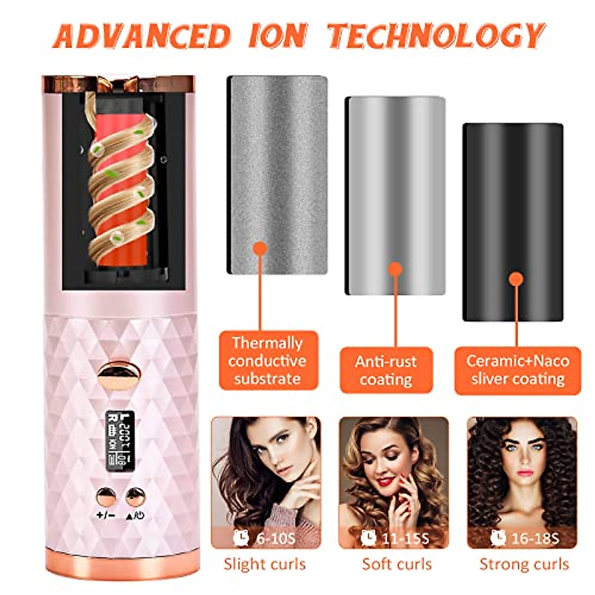 Automatic Curling Iron, Cordless Ceramic Barrel Wave Wand, Portable Cordless Auto Hair Curler with 4 Temps & 3 Timers, Fast Heating Rotating Rotating Curling for Long & Short Hair, Travel & Home Use