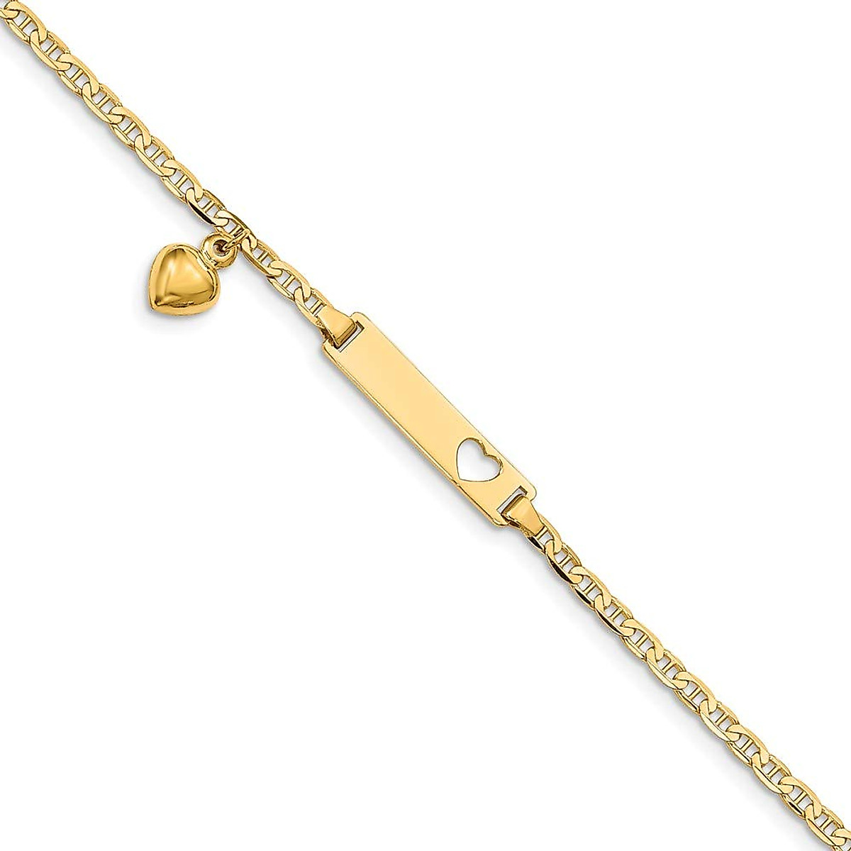 14K Yellow Gold Heart Love Dangling Anchor Mariner Link Name Bar Identification ID Bracelet