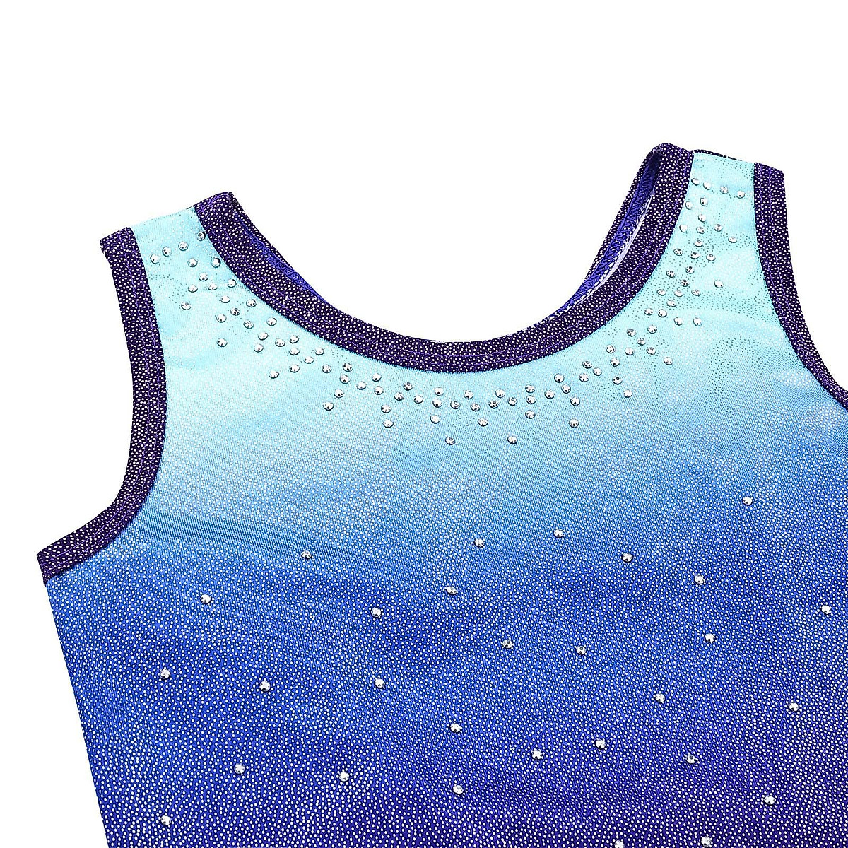 XFGIRLS Gymnastics Leotards for Girls Sparkle 2 Piece Activewear Sleeveless Gymnastics and Tumbling Athletic Leotards with Short Set Blue Purple Size 10-12