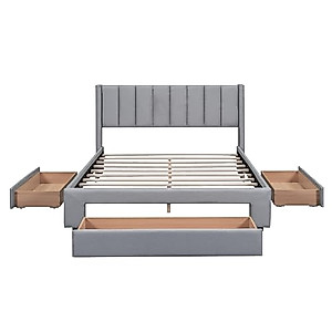 HAUSHECK Queen Upholstered Size with 3 Storage Drawer and Classic Wingback Headboard, Modern Platform Frame w/Wooden Slats Support Mattress Foundation, Bed No Box Spring Needed, Gray