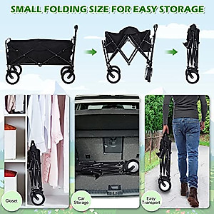 HKLGorg Folding Collapsible Wagon Cart with Wheels Heavy Duty Beach Wagon Outdoor Grocery Wagon Cart Portable Folding Utility Wagon Cart with Handle for Camping, Outdoor, Black
