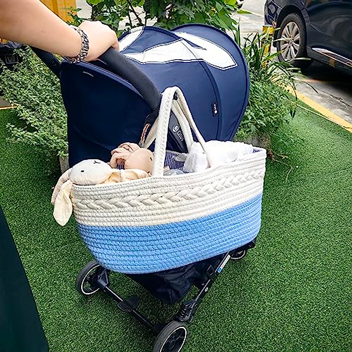 Large Baby Diaper Caddy Organizer Blue 100% Cotton Rope Basket Nursery Storage Bin Portable for Changing Table/Car Hanging Travel Bag Tote Newborn Registry Must Have Baby Boy Shower Gift Basket