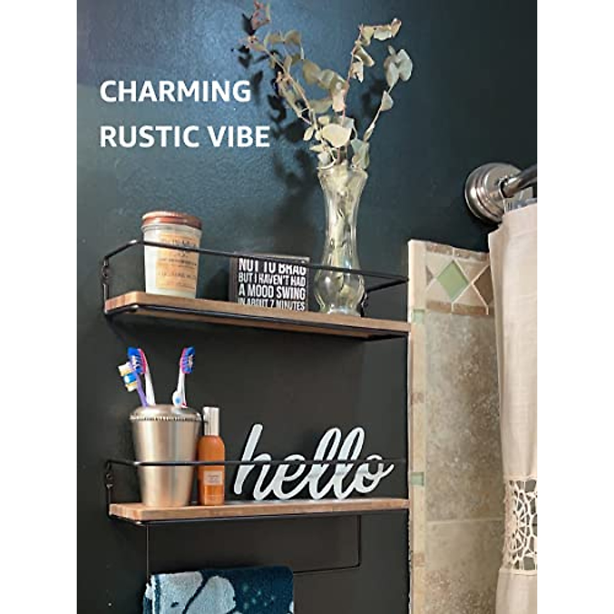 QEEIG Floating Shelves Bathroom Decor - Wall Shelf with Towel Bar Farmhouse 16 inch Set of 2, Rustic Brown (FS636)