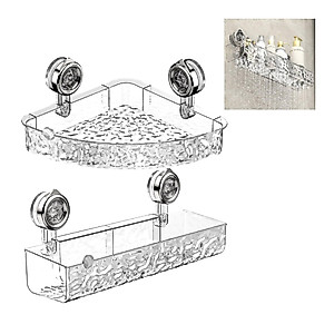 No Drill Clear Wall Caddy Suction Cup Storage Rack, Corner Shower Caddy Bathroom Storage Shelf Wall Mounted, Transparent Shower Storage, Glacier Pattern Suction Cup Shelf, Triangle & Rectangle Storage