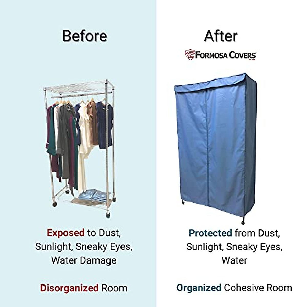 Formosa Covers Portable Garment Rolling Rack Cover - Protect Your Clothes from Dust Keep Your Room Looking Organized in Dusty Blue (Cover Only) (48"W x 18"D x 75"H)