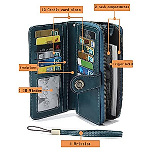 JJUQ Womens Wallet Leather Large Capacity Card Holder Zipper Wristlet Wallets for Women-peacock blue