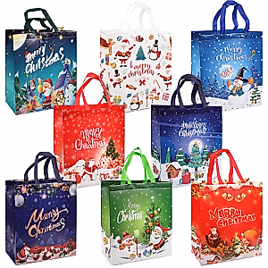 PARSUP 8PCS Large Christmas Gift Bags, Tote Bags with Handles, Christmas Treat Bags, Multifunctional Non-Woven Christmas Bags for Gifts Wrapping Shopping, Xmas Party Supplies, 15"×13.8"×5.9"