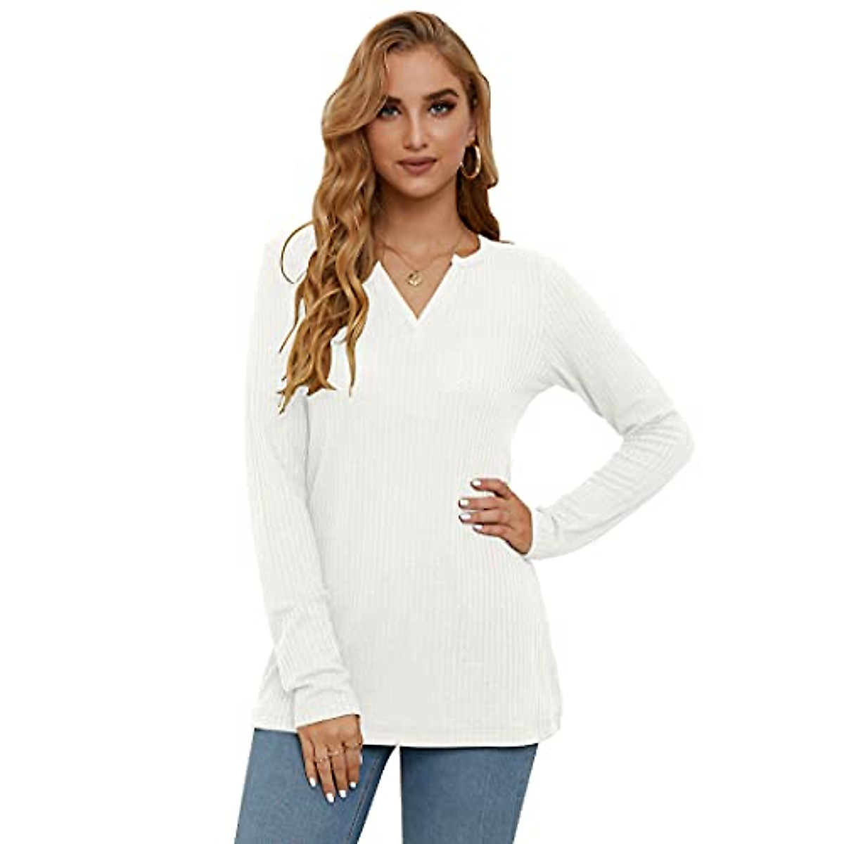 AUSELILY Women Casual Long Sleeve Waffle Knit Solid Color V-Neck Shirt Tunic White M