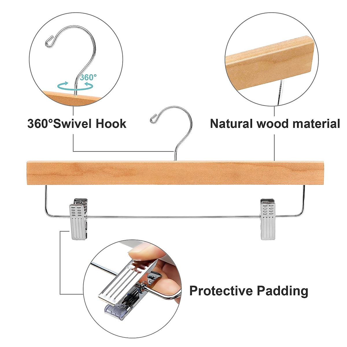 BAGAIL Wooden Pants Hangers with Adjustable Clips, 360°Swivel Hook Space Saving Skirt Holders with Anti-Rust Clips for Trousers, Jeans, Shorts (20Pack Natural)
