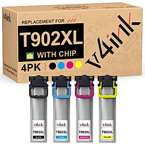 v4ink Remanufactured T902XL Ink Pack Replacement for Epson 902XL T902XL (4-Pack, K/C/M/Y) Work with Epson Workforce Pro WF-C5210, WF-C5290, WF-C5710, WF-C5790 Printers