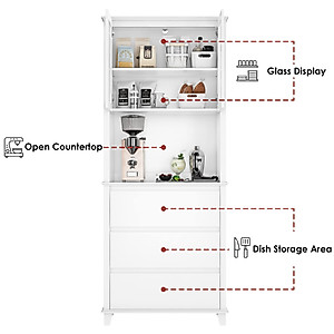 FACBOTALL 76'' Kitchen Pantry Storage Cabinet, Kitchen Buffet with Hutch, Tall Hutch Cabinet with Glass Doors, Coffee Countertop and 3 Large Drawers for Dining Living Room, White