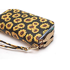 Ecohaso Sunflower Wallets for Women, Girls Wallets Cute Sunflower Pattern, Double Zipper Long Leather Wristlet Clutch Purses with Multiple Card Slots and Removable Wrist Strap for Girls (Sunflower)