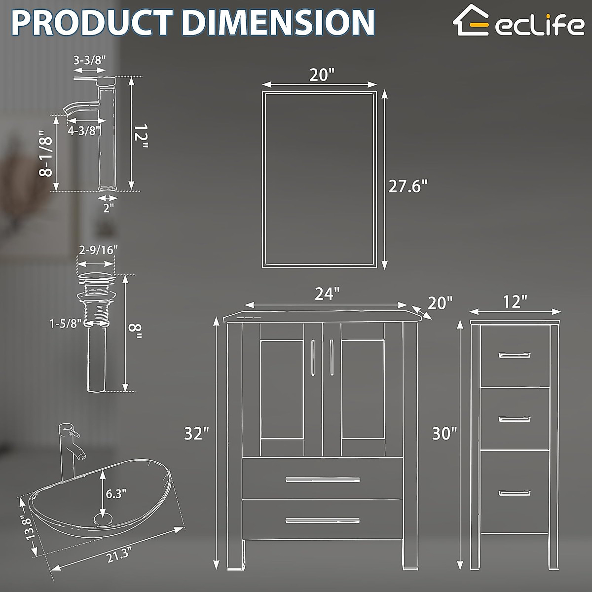 eclife 48" Bathroom Vanity Sink Combo Black W/Side Cabinets Set Gold Boat Tempered Glass Vessel Sink & ORB Water Save Faucet & Solid Brass Pop Up Drain, W/Mirror (A29G B02)