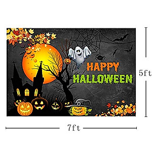 MEHOFOTO Happy Halloween Backdrops for Photography Pumpkin Ghost Halloween Eve Maple Leaves Full Moon Banner Black Evening Birthday Party Decoration Photo Studio Booth Background Props7x5ft