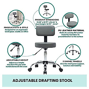 Naomi Home Adjustable Rolling Stool with Wheels Professional Office Stool Height Adjustable with Ergonomic Tilting Backrest for Computer, Studio, Workshop, Office, Home Office Black