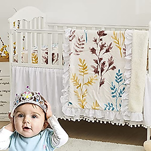 Brandream Farmhouse Crib Bedding Set Neutral Leaves Watercolor Botanical Floral Nursery Bedding Chic Baby Blanket 3 Piece with Pom-pom Bed Skirt, White Yellow Green