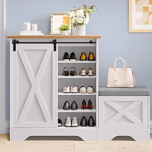 DWVO Farmhouse Shoe Storage Cabinet with Shoe Bench, 5-Tier Shoe Cabinet with Adjustable Shelves for 20 Pairs, Narrow Slim Shoe Cabinet with Sliding Door for Entryway, Hallway, Living Room (White)