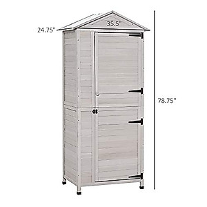 Outsunny 36" x 25" x 79" Wooden Storage Shed Cabinet, Outdoor Tool Shed Organizer with 4-Tier, 3 Shelves with Handle Tin Roof Magnetic Latch Foot Pad, Light Grey