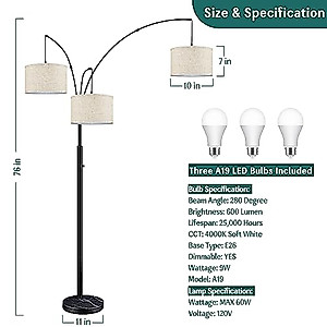 Arc Floor Lamps for Living Room, 3-Light Dimmable Tall Standing Floor Lamp with Adjustable Hanging Beige Shades, Modern Mid Century Floor Lamp with Marble Base for Bedroom Office, 3 LED Bulbs Included