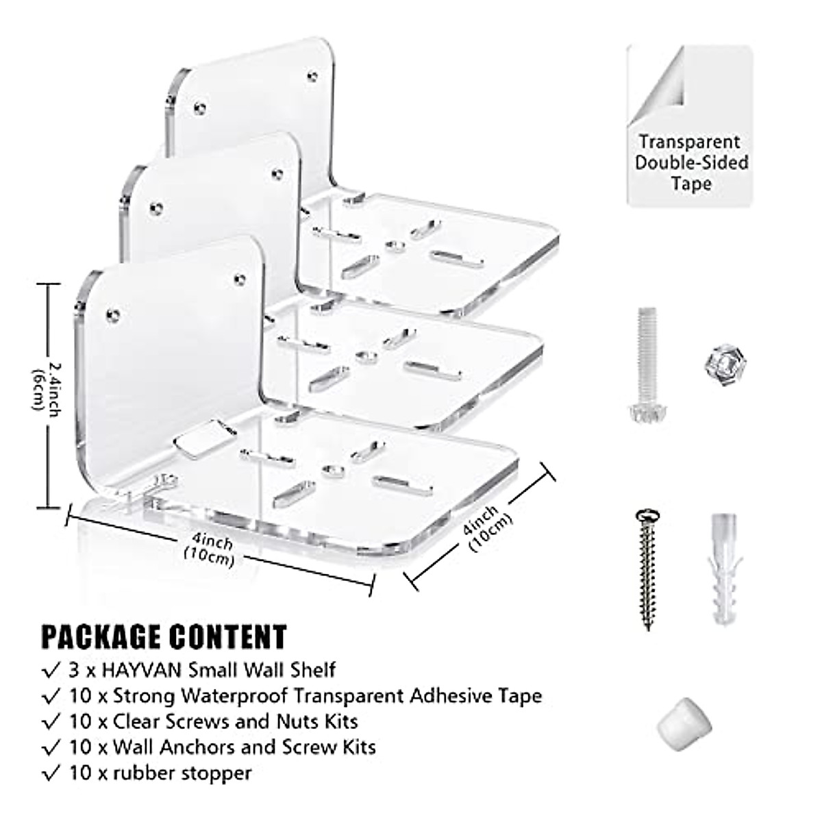 HAYVAN Acrylic Small Floating Shelf for Security Cameras, Baby Monitors, Speakers, Plants & More - 4'' Universal No Drill Shelves Easy to Install with Strong Tapes & Screws (Clear 3 Pack)