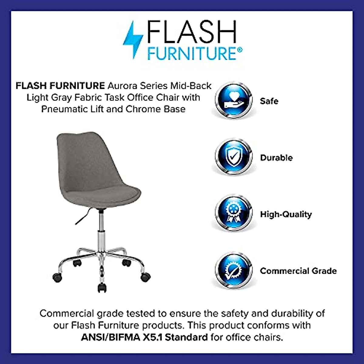 Flash Furniture Aurora Series Mid-Back Light Gray Fabric Task Office Chair with Pneumatic Lift and Chrome Base