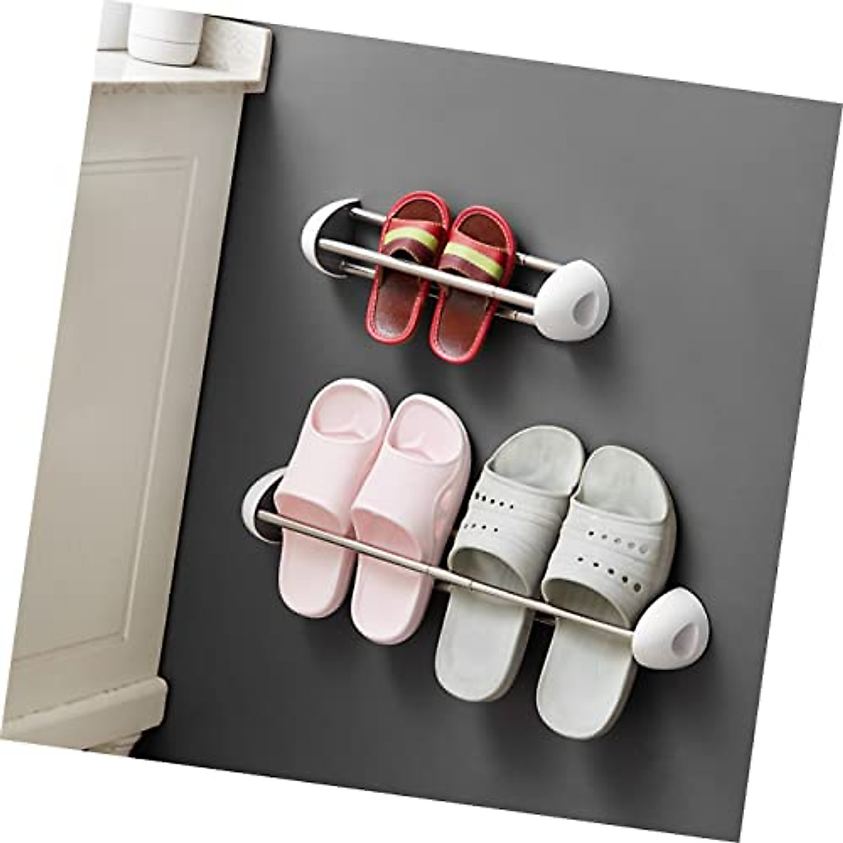 Cabilock 2pcs Holder Creative Mount White Retractable Mounted Wall Shoes Home Bathroom Free Rack for The Punch Off Steel Shelf Stainless Any Floor Organizer Shoe Keeps Slippers Storage