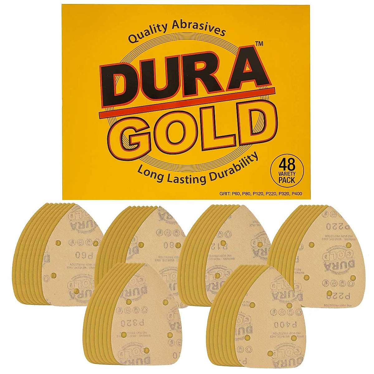 Dura-Gold Premium Mouse Detail Sander Sandpaper, 48 Assorted Grit Sanding Sheets - 60, 80, 120, 220, 320, 400-5 Hole Pattern Hook & Loop Triangle Mouse Discs - Woodworking Wood Crafting, Auto Paint